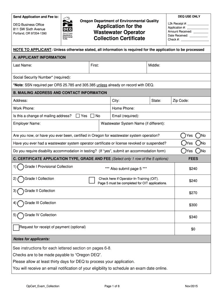 Fillable Online deq state or Collection Exam Application - Grades I ...