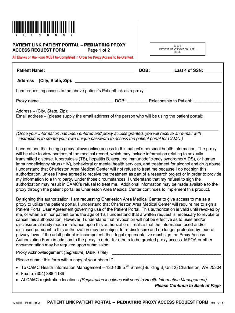 Fillable Online camc Pediatric Proxy Access Form - CAMC.org Fax Email ...