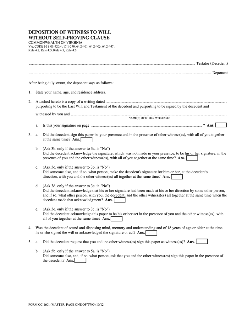 Fillable Online loudoun DEPOSITION OF WITNESS TO WILL WITHOUT SELF ...