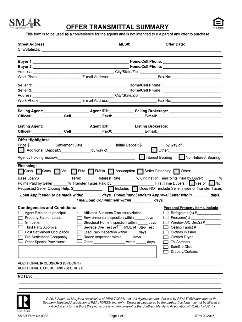 Fillable Online southernmarylandrealtors OFFER TRANSMITTAL SUMMARY ...