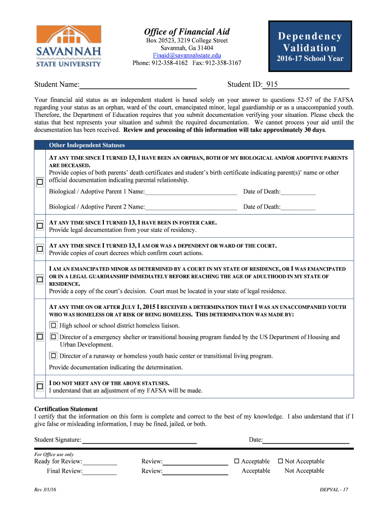 Fillable Online savannahstate Dependency Validation - Savannah State ...