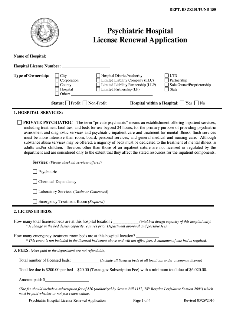 Fillable Online dshs texas Psychiatric Hospital License Renewal ...