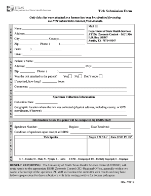 Fillable Online dshs texas Texas Tick Submission Form - dshs texas Fax ...
