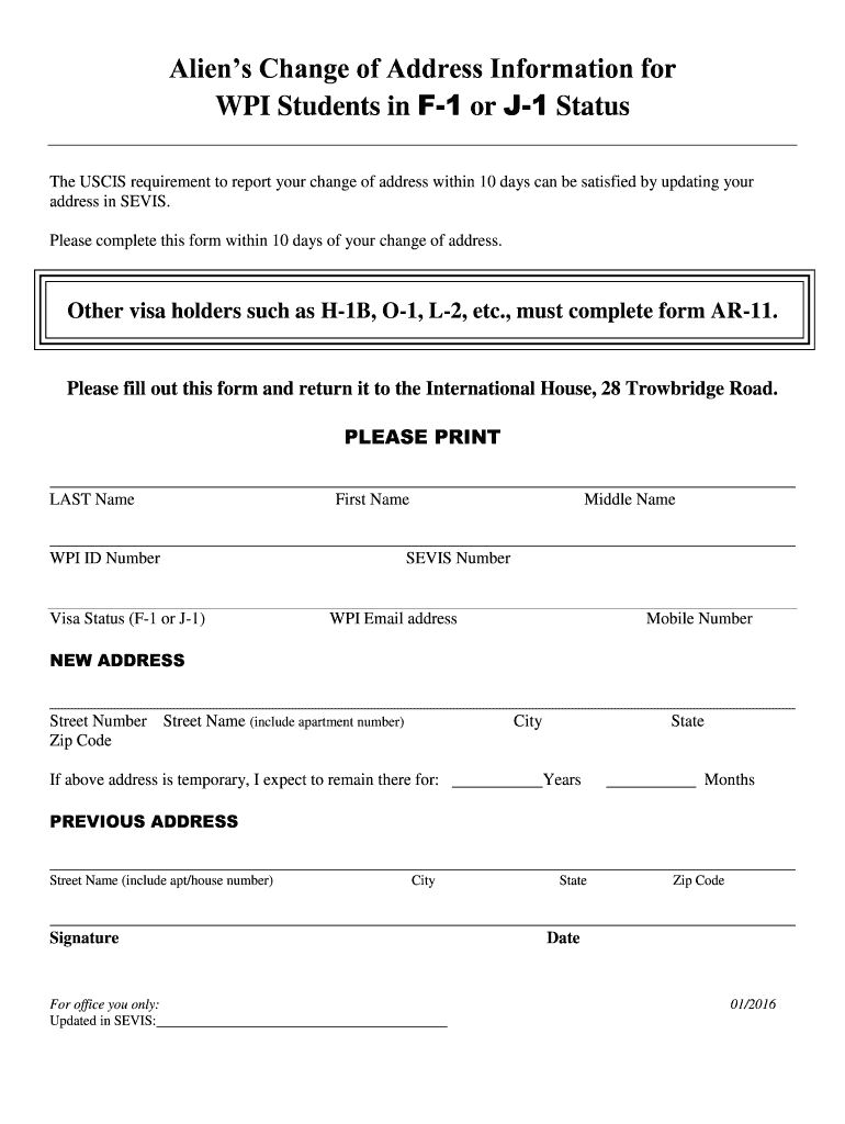Fillable Online wpi Change of Address Form for F and J Visa Holders ...