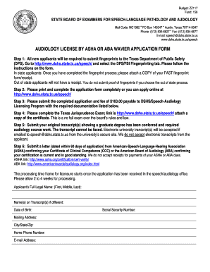 Fillable Online dshs texas AUDIOLOGY LICENSE BY ASHA OR ABA WAVIER - dshs texas Fax Email Print ...