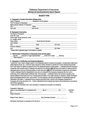 Fillable Online delawareinsurance Missing Life Insurance Search Request ...