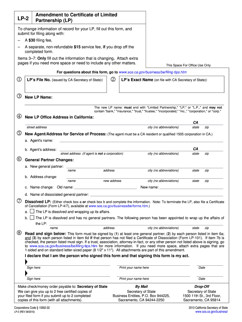 Fillable Online Amendment to Certificate of Limited Partnership (LP ...
