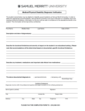 Fillable Online samuelmerritt Verification of physical, sensory, or ...