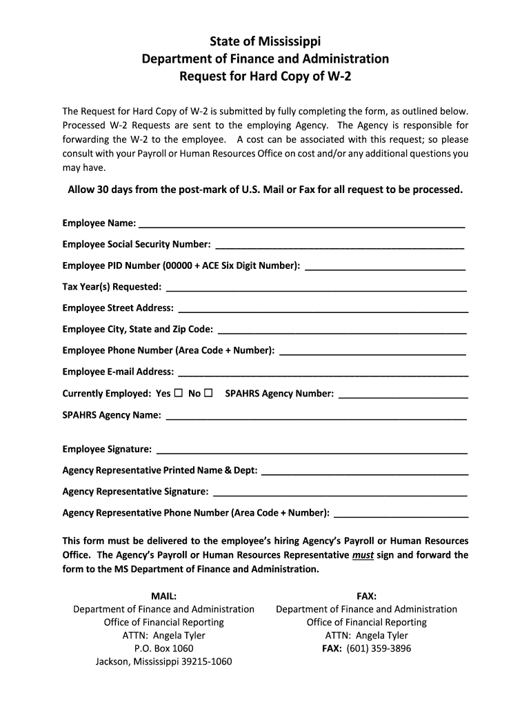 Fillable Online dfa ms Request for Hard Copy of W-2 - dfa.ms.gov Fax Email Print - pdfFiller