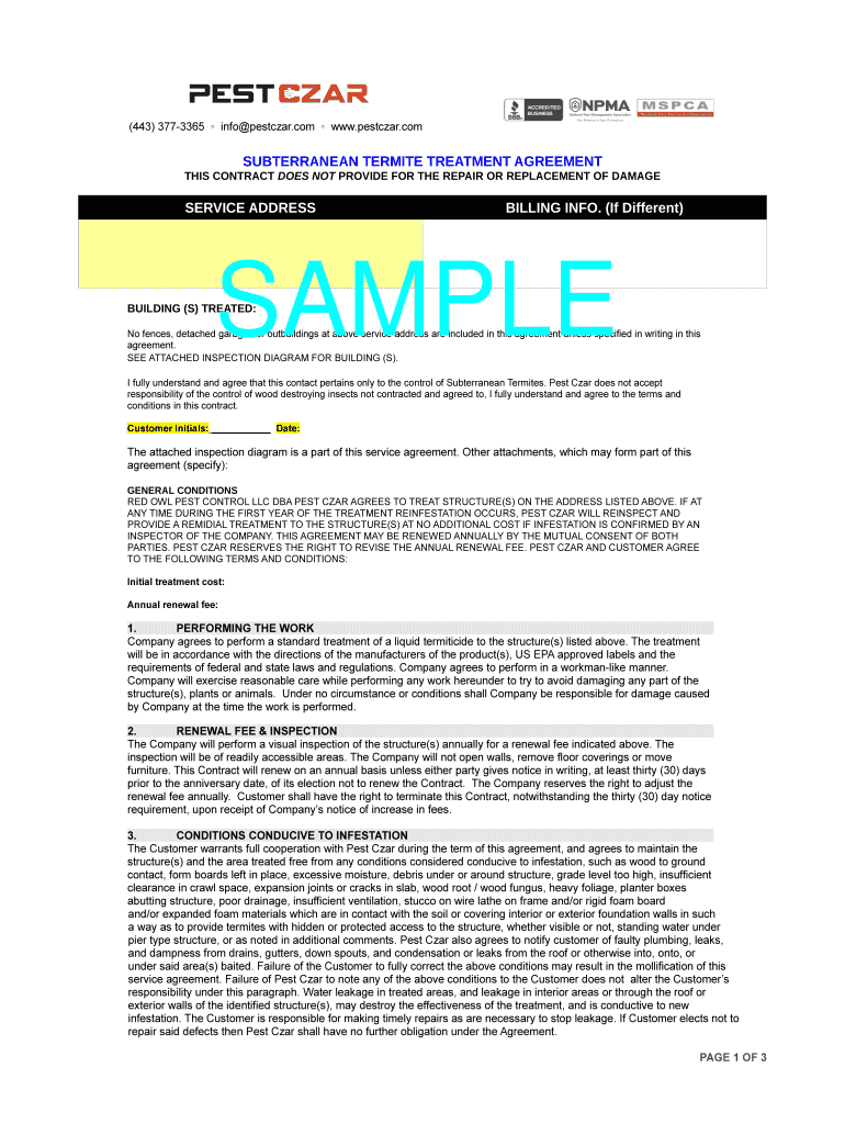 Fillable Online SUBTERRANEAN TERMITE TREATMENT ... - Pest Czar Fax ...