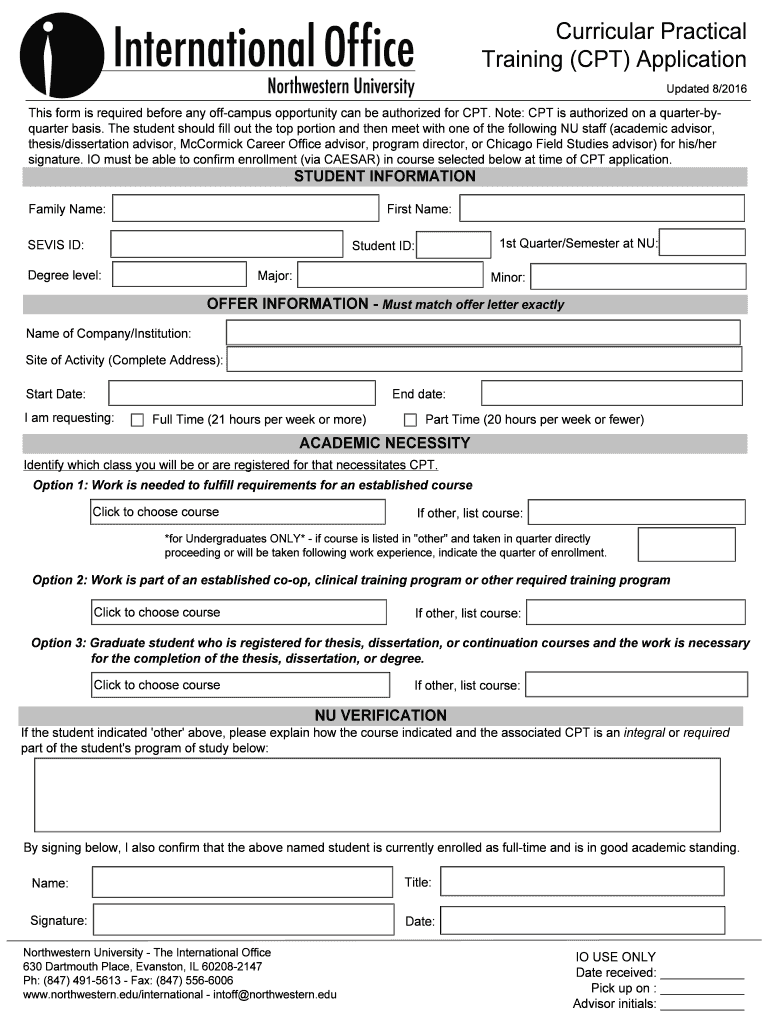 Fillable Online northwestern Curricular Practical Training (CPT) Application - Northwestern ...