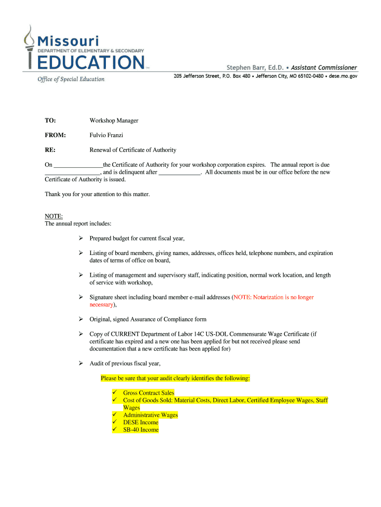 Fillable Online dese mo Renewal of Certificate of Authority On the ...