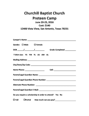 Fillable Online Churchill Baptist Church Preteen Camp Fax Email Print ...