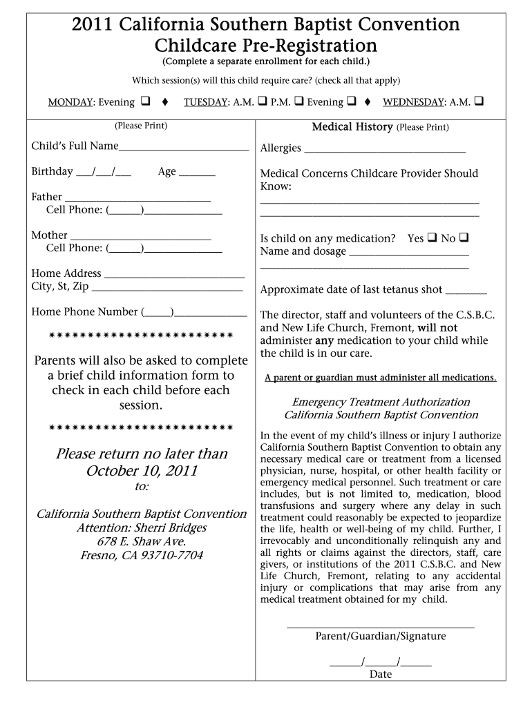 Fillable Online Childcare Pre-Registration Fax Email Print - pdfFiller