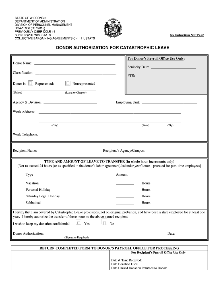 Fillable Online Donor Authorization for Catastrophic Leave - Department of ... Fax Email Print ...