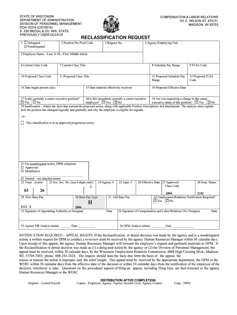 Fillable Online DOA-15314 Reclassification Request - Department of Administration Fax Email ...