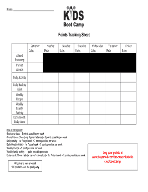 Fillable Online Points Tracking Sheet - Hays Medical Center Fax Email ...