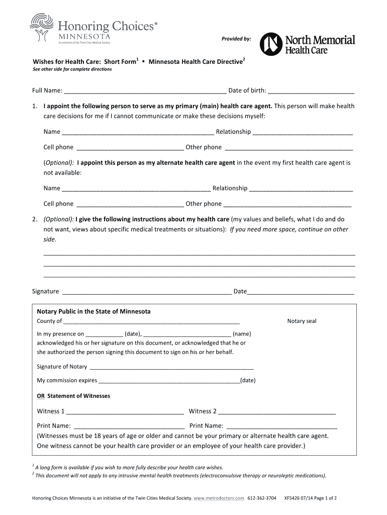 Fillable Online WishesforHealth!Care:!!Short!Form 1!! !!Minnesota ...