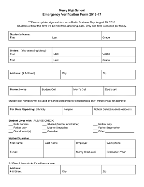 Fillable Online mhsmi Emergency Verification Form 201617 - Mercy High ...