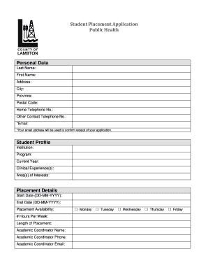 Fillable Online Student Placement Application Public Health Personal ...