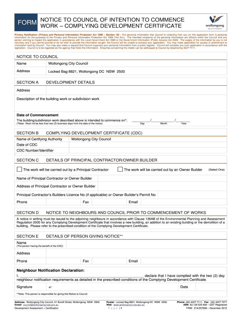 Fillable Online Notice to Council of Intention to Commence Work ...