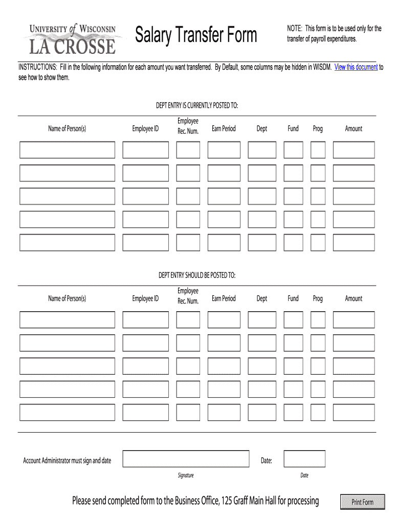 Fillable Online uwlax Salary Transfer Form - UW-La Crosse Fax Email Print - pdfFiller