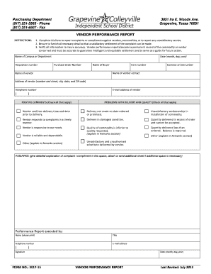 Fillable Online gcisd-k12 vendor performance report form - Grapevine ...