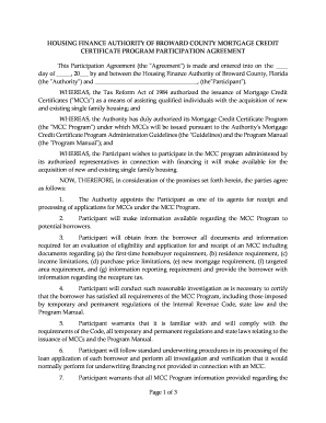 Fillable Online broward Participation Agreement. Mortgage Credit Certificate Participation ...
