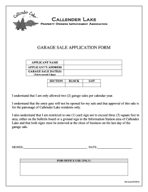 Fillable Online callenderlake Garage Sale Form - Callender Lake, Texas ...