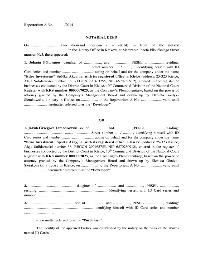 Fillable Online hortusapartments Repertorium A No. /2014 NOTARIAL DEED ...