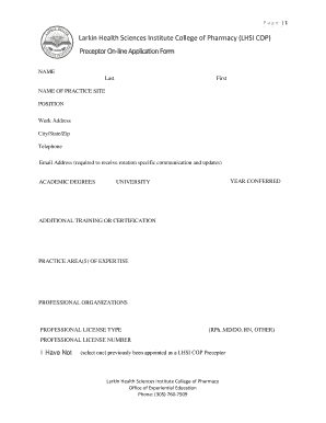 Fillable Online ularkin Preceptor Application - Larkin Health Sciences ...