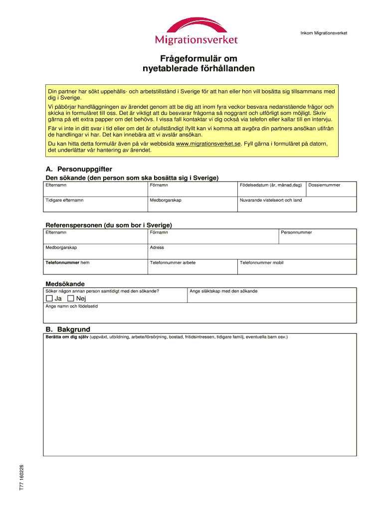 Fillable Online migrationsverket Fr geformul r som ska besvaras av referenspersonen i Sverige ...