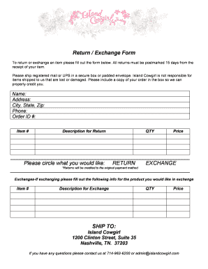 Fillable Online Return / Exchange Form Please circle what you would ...