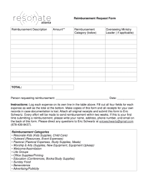 Fillable Online resonateatlanta Reimbursement Request Form Reimbursement Description Amount ...