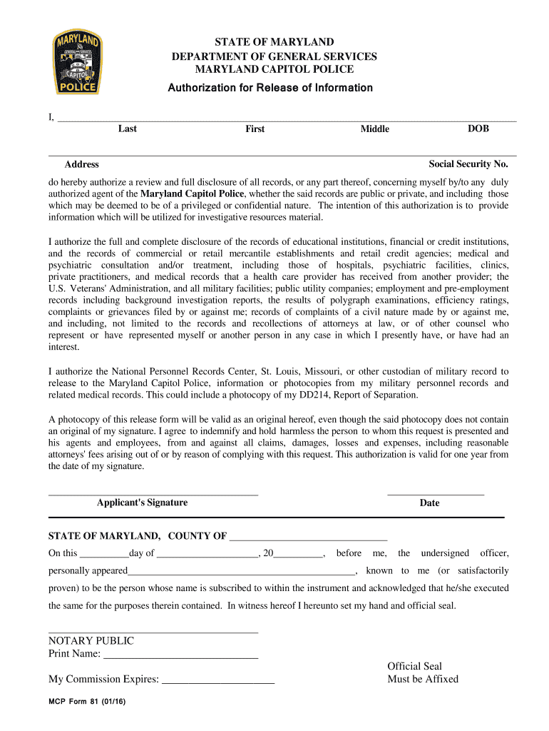 Fillable Online mcp maryland Form 81 Authorization for Release of ...
