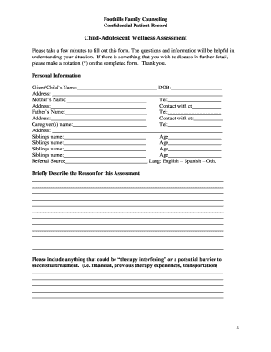 Fillable Online Child-Adolescent Wellness Assessment - Foothills Family Counseling Fax Email ...