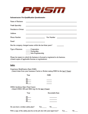 Fillable Online Subcontractor Pre-Qualification Questionnaire ...