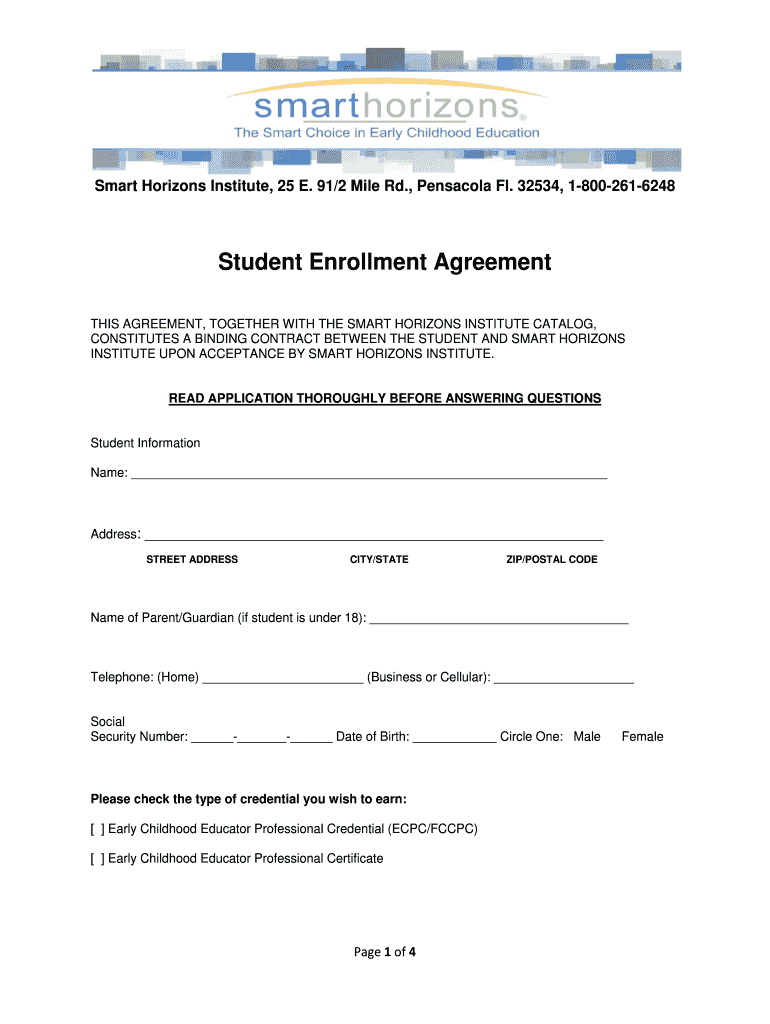 Fillable Online smarthorizons Student Enrollment Agreement - Smart Horizons - smarthorizons Fax ...