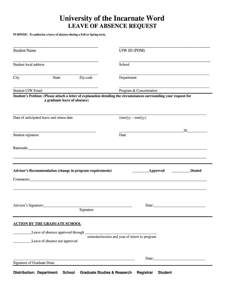 Fillable Online uiw Leave of Absence form - University of the Incarnate Word Fax Email Print ...
