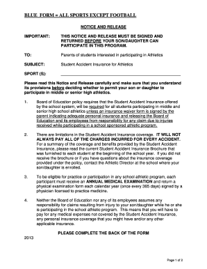 Fillable Online 2013-14 NOTICE AND RELEASE All Sports Except Football ...