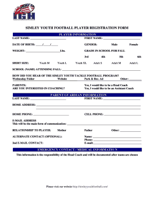 Fillable Online SIMLEY YOUTH FOOTBALL PLAYER REGISTRATION FORM Fax ...