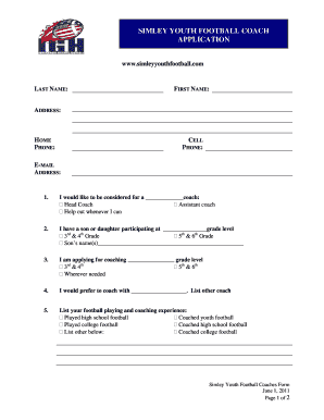 Fillable Online SIMLEY YOUTH FOOTBALL COACH APPLICATION Fax Email Print - pdfFiller