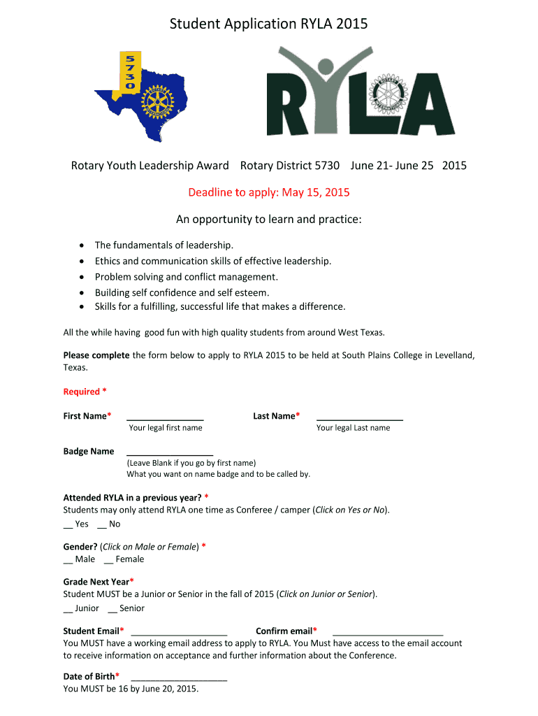 Fillable Online clubrunner Rotary Youth Leadership Award Rotary District 5730... Fax Email Print ...