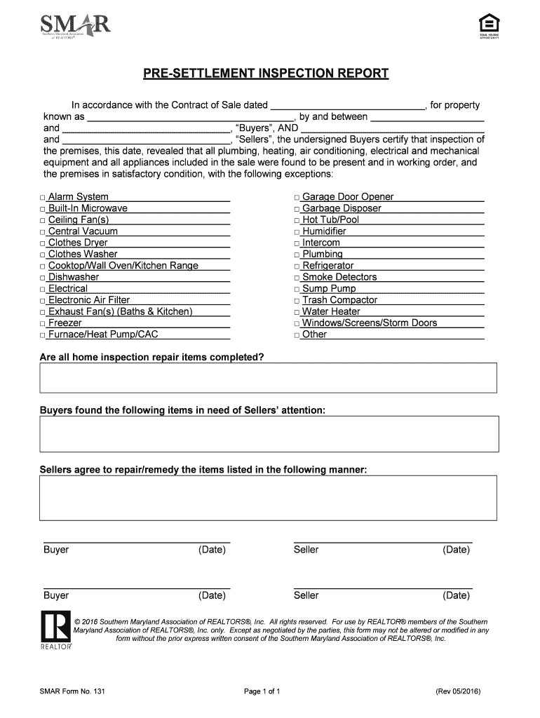 Fillable Online southernmarylandrealtors PRE-SETTLEMENT INSPECTION ...