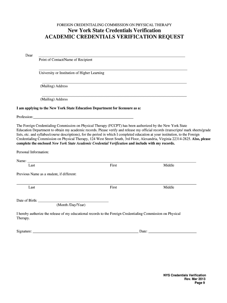 Fillable Online fccpt New York State Credentials Verification REQUEST ...