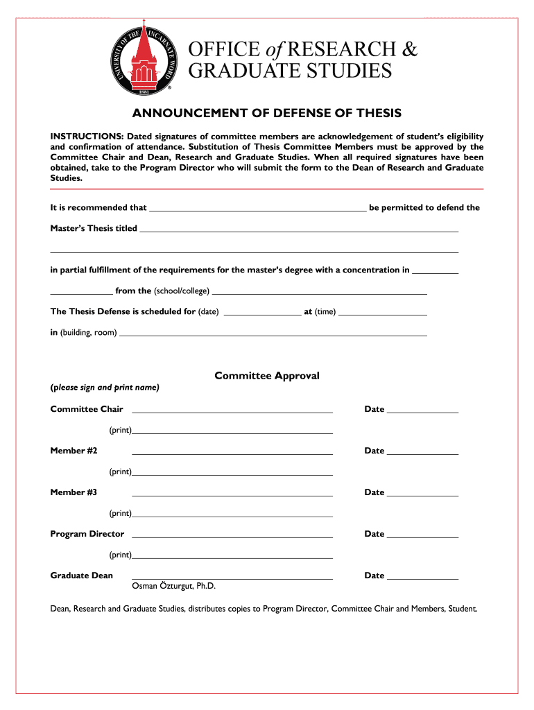 Fillable Online uiw Thesis Defense Announcement form Fax Email Print - pdfFiller