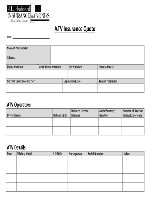 Fillable Online ATV Quote Form - JL Hubbard Insurance and Bonds Fax ...