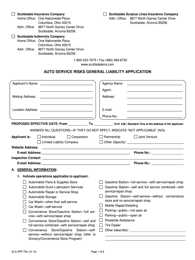 Fillable Online auto service risks general liability application ...