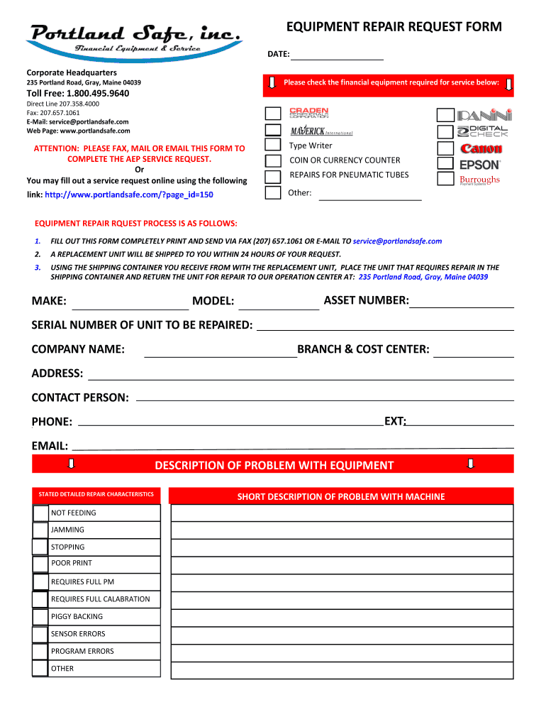 Fillable Online equipment repair request form - Portland Safe Inc Fax ...