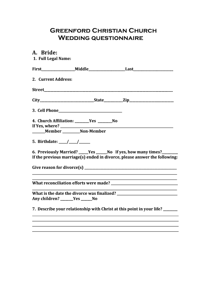 Fillable Online Greenfordchristian Greenford Christian Church Wedding Questionnaire